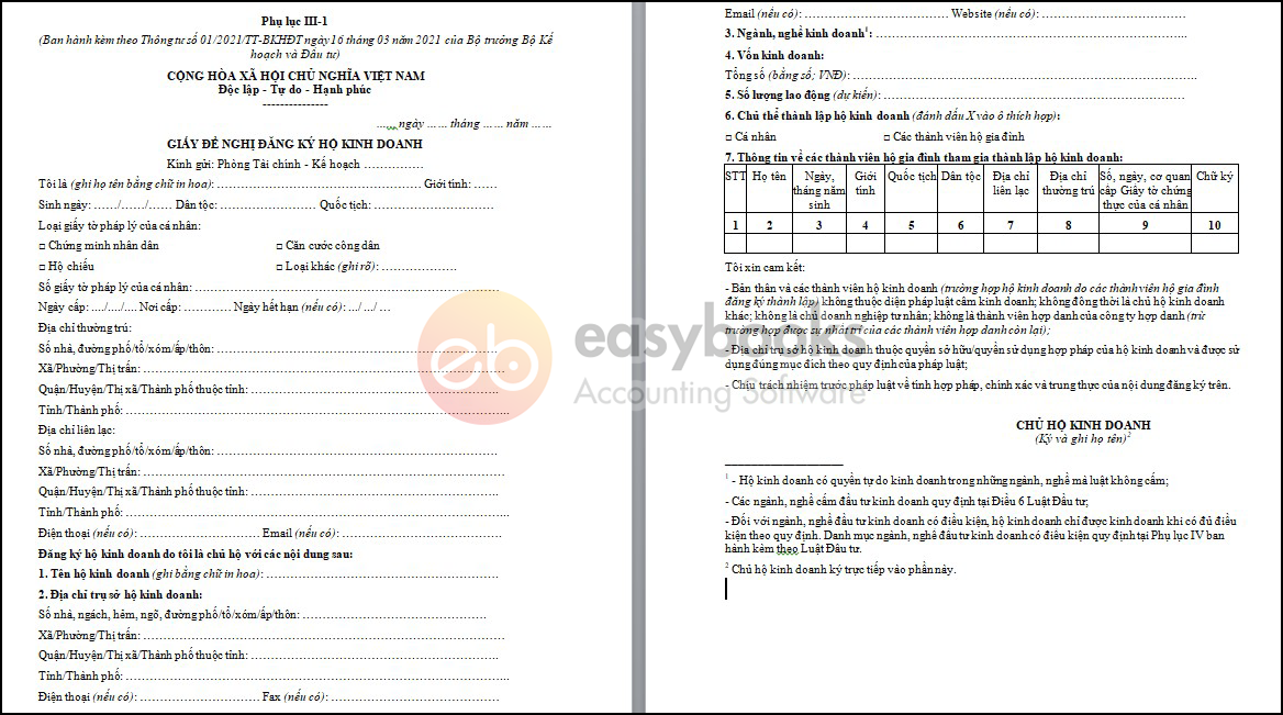 Giấy Đề Nghị Đăng Ký Hộ Kinh Doanh